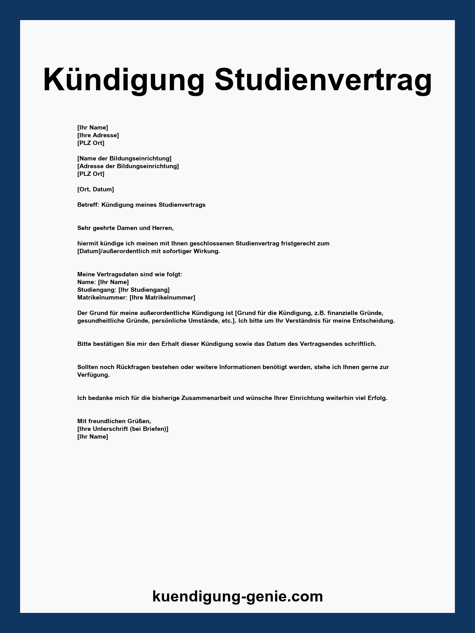 Kündigung Studienvertrag Vorlage